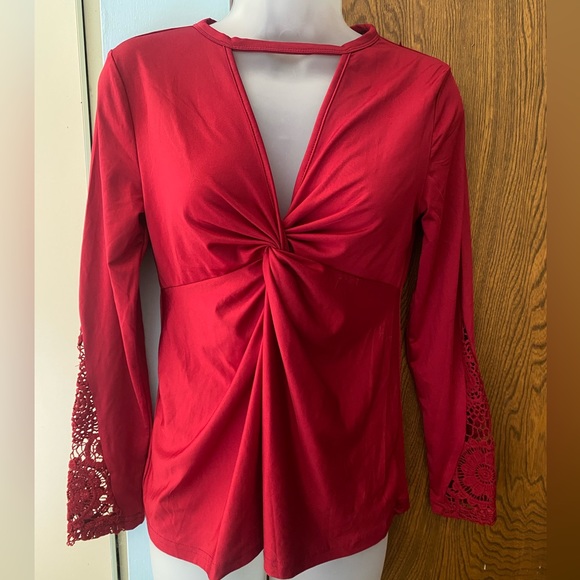 YOINS | Tops | 3 For 2 Sexy Rubyred Top Twisted Bodice With Peephole Lace Sleeves S | Poshmark